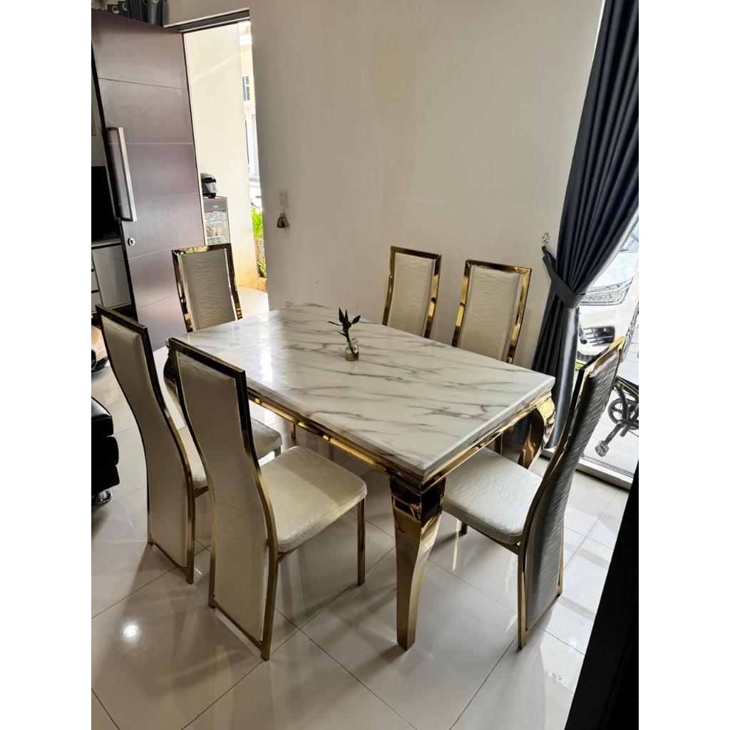 Jual Meja Makan Marmer 6 kursi minimalis stainless steel Putih/Hitam ...