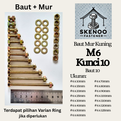 Jual (10 Pcs) Baut, Mur Kuning, Ukuran M6 Kunci 10 (Baut 10), Warna ...