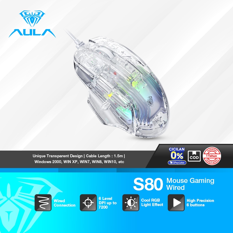 Jual AULA Mouse Gaming Transparant S80 RGB backlit Optical Good-looking ...