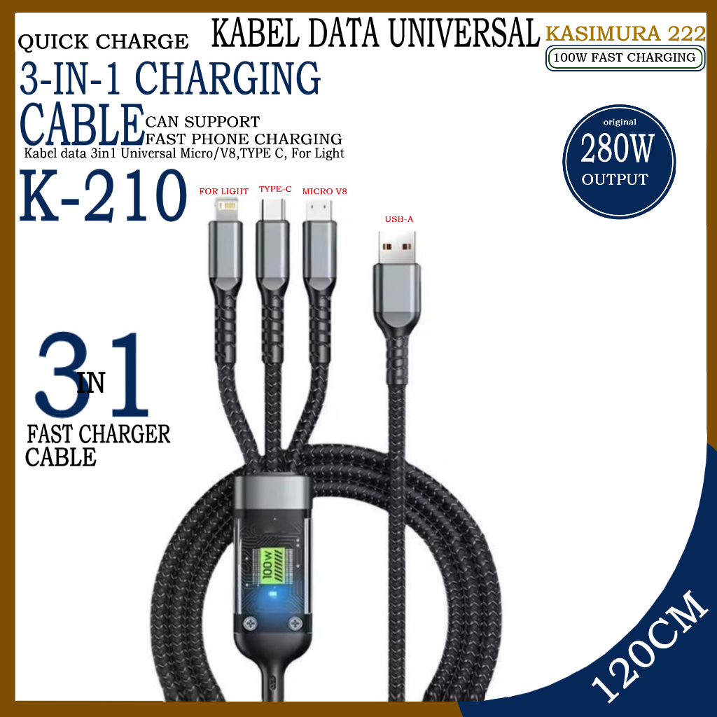 Jual Kabel Data 3in1 LED 100watt K-210 NON PACK V8/Micro & Type-C &Ligh ...