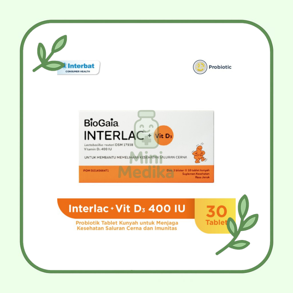 Jual Interlac Probiotik Tablet Kunyah + Vit D3 400 IU 1 Box Isi 30 ...