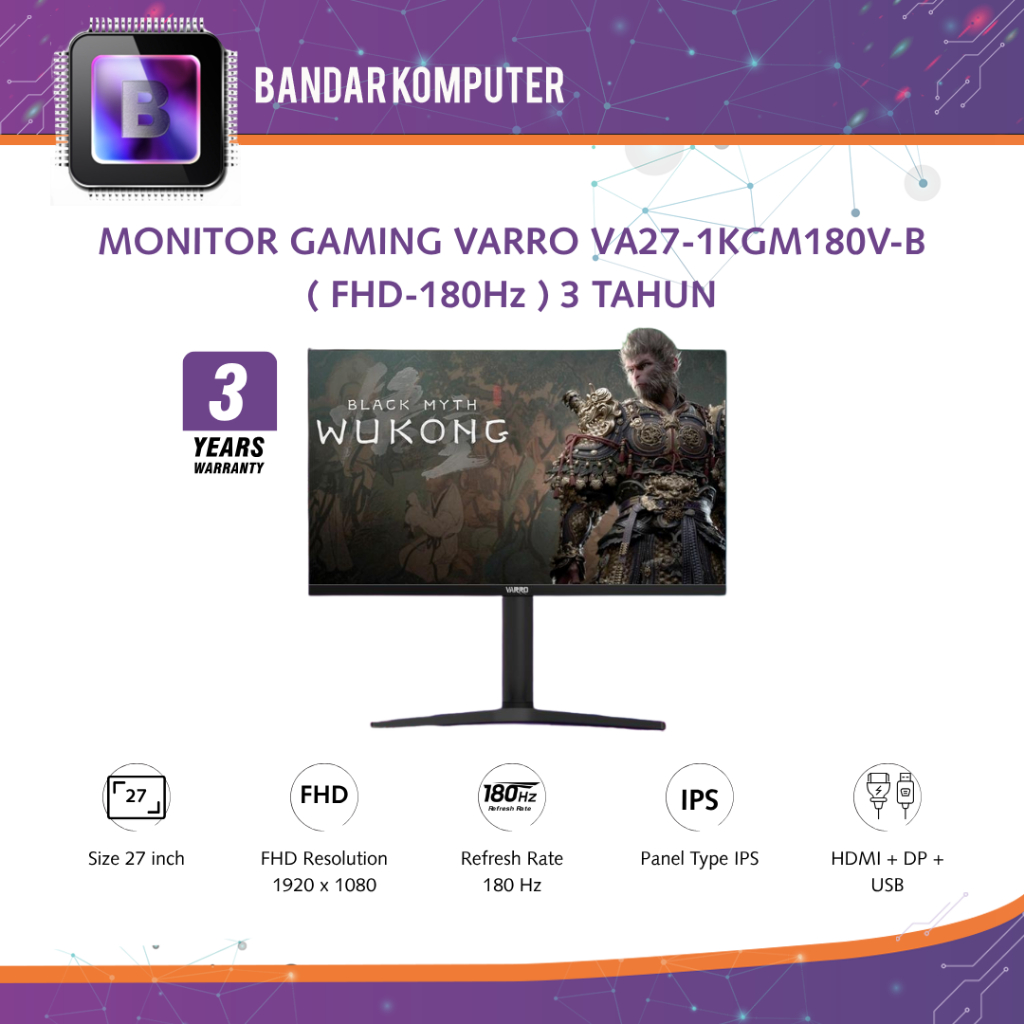 Jual MONITOR GAMING VARRO VA27-1KGM180V-B ( FHD-180Hz ) 3 TAHUN ...