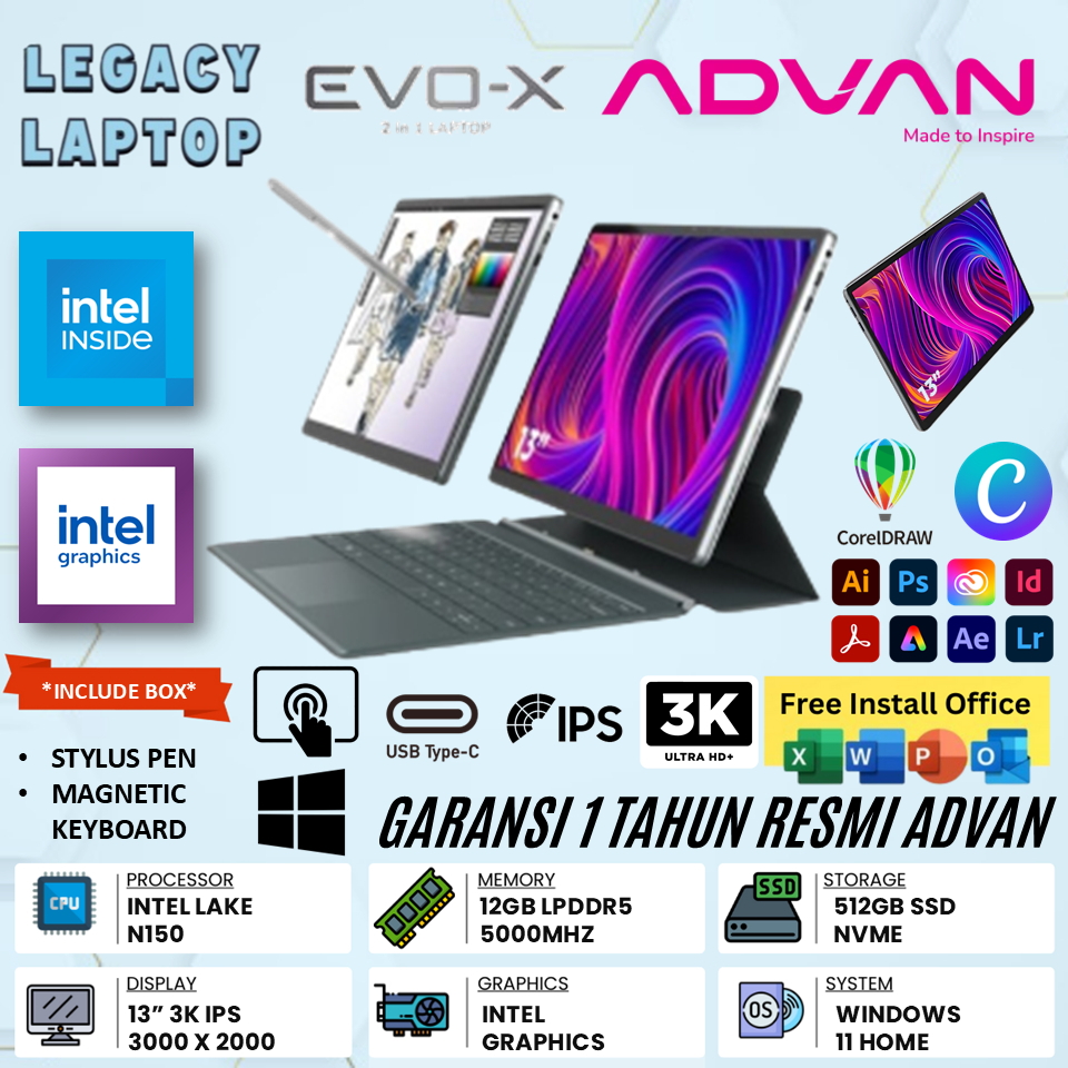 Jual Laptop 2in1 ADVAN Evo X 13 Intel N150 Ram 12GB 512GB SSD IPS 3K ...
