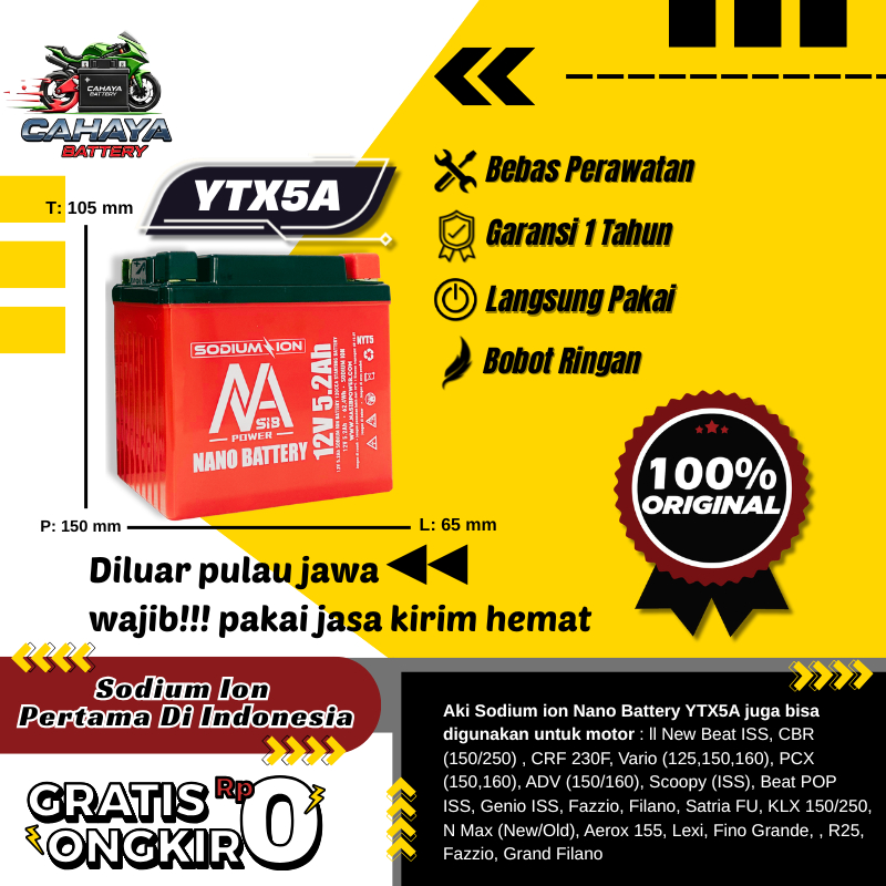 Jual NANO BATTERY Aki Motor Sodium Ion 12V 5.2Ah Aki Motor YTX5A ...