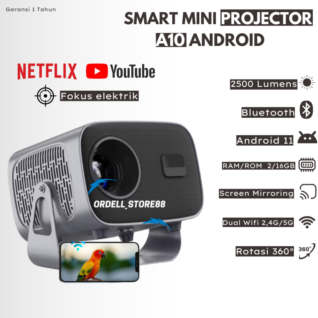 Jual Proyektor Mini LED A10 Android 11.0 2500 Lumens Wifi Bluetooth ...