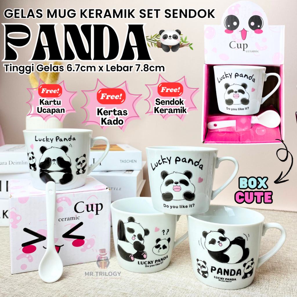 Jual Gelas Mug Keramik Set Sendok Panda 200ML Handle Mug Set Gelas Kopi ...