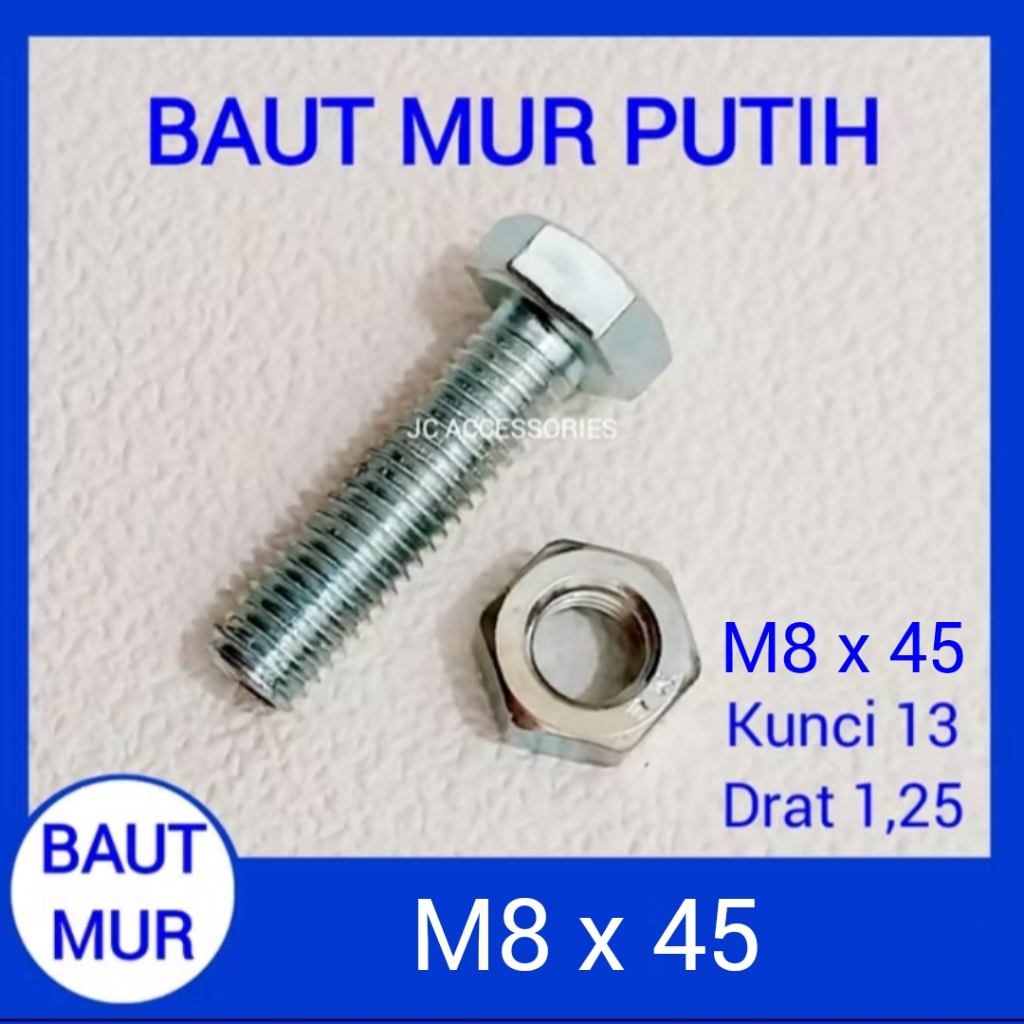 Jual BAUT MUR PUTIH M8x45 KUNCI 13 PITCH 1,25 BMP M8 x 45 8X45 8 X 45 ...