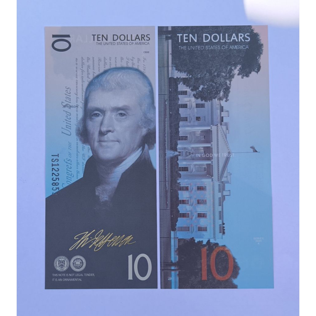 Jual Souvenir uang polymer pecahan 10 dollars bergambar JEFFERSON ...