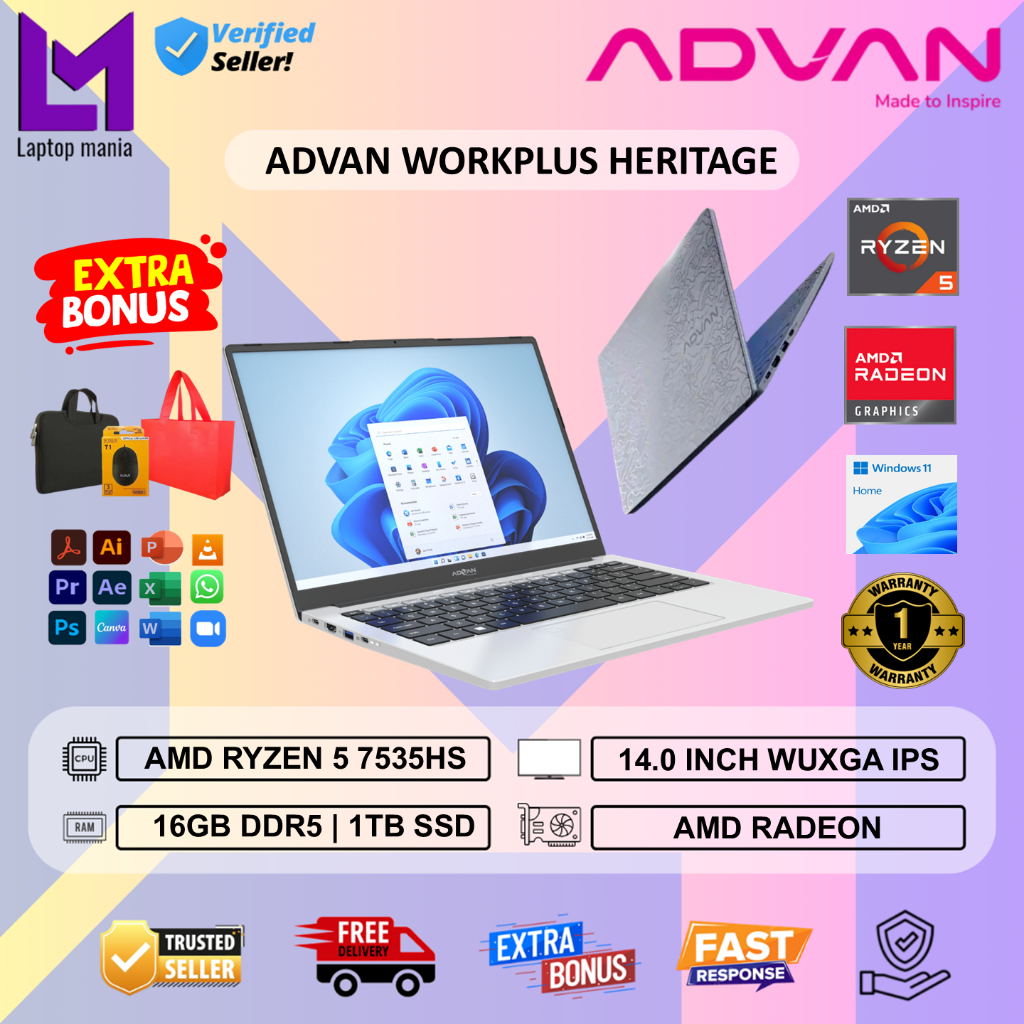 Jual Advan Workplus Heritage 14 1701 L25B-R57S1 Amd Ryzen 5 7535HS 16GB ...