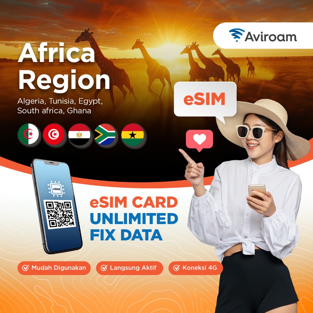 Jual Aviroam Esim Africa Region ( Algeria - Tunisia - Egypt - South Africa - Ghana) Fixed Data ...