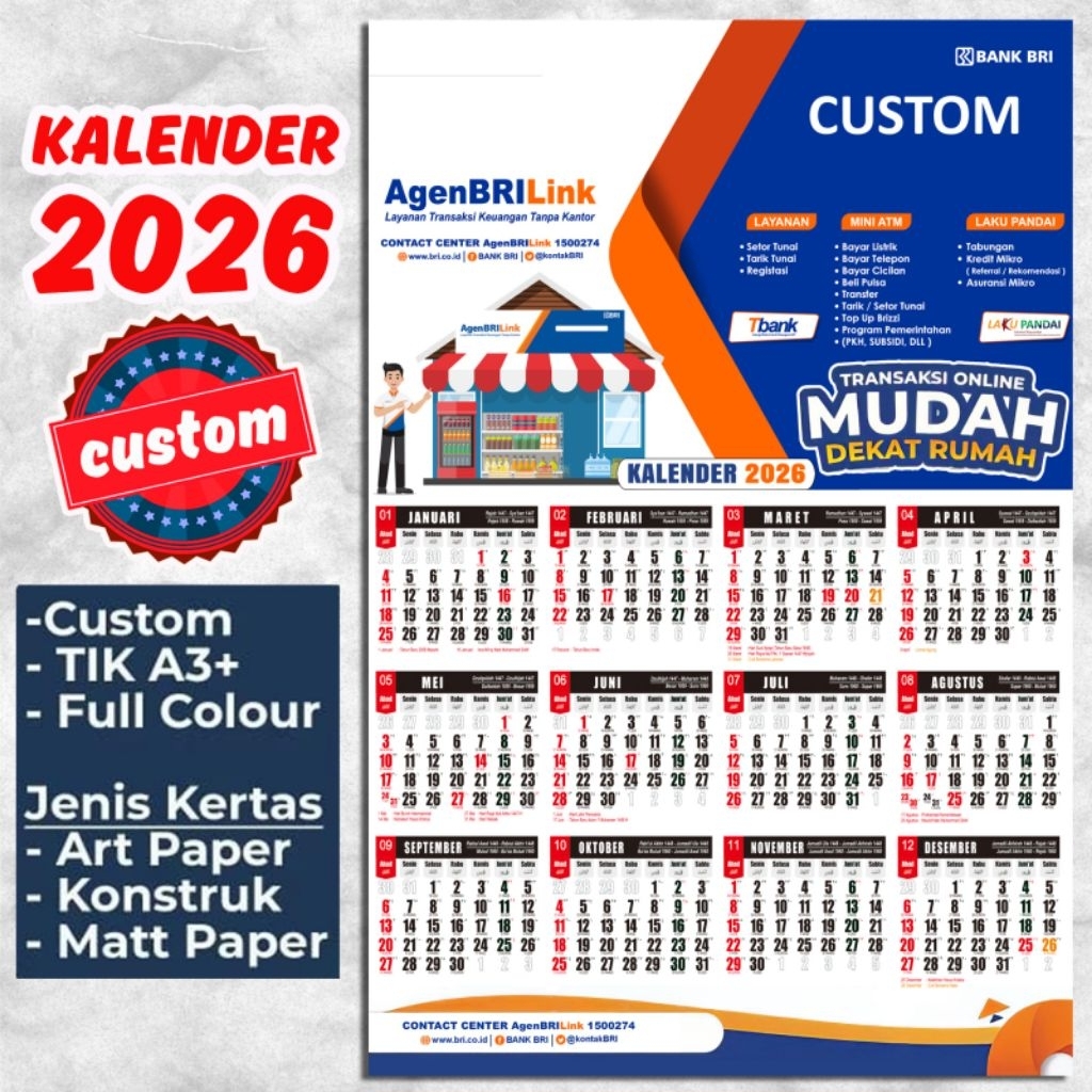 Jual Cetak Kalender kustom Tahun 2026 BriLink Bri link Promosi ...