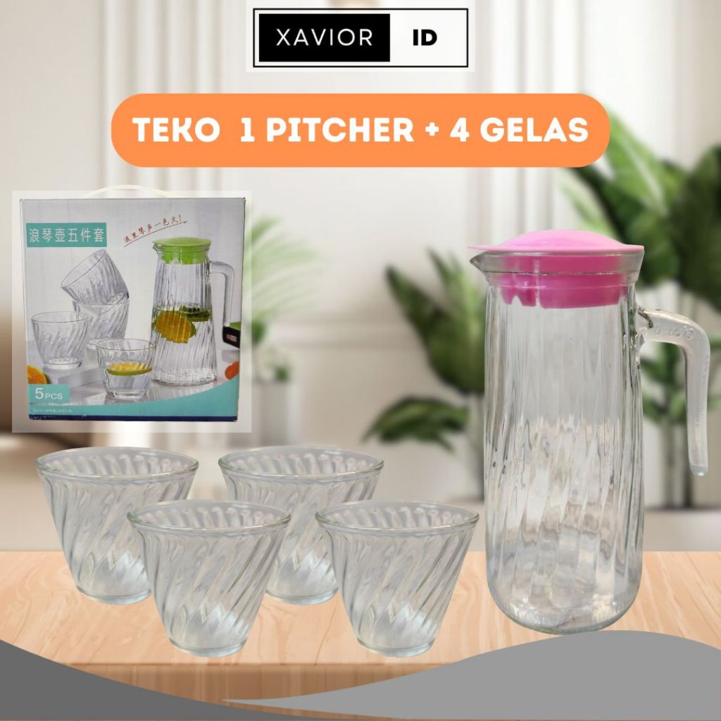 Jual XV Teko Set + 4 Gelas Kaca Warna Pink | Pitcher Teko Set Drink ...