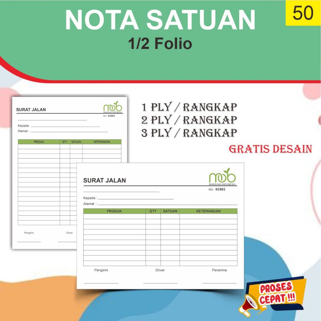 Jual Cetak nota satuan Ukuran 1/2 Folio HVS, nota Custom, Cetak nota ...