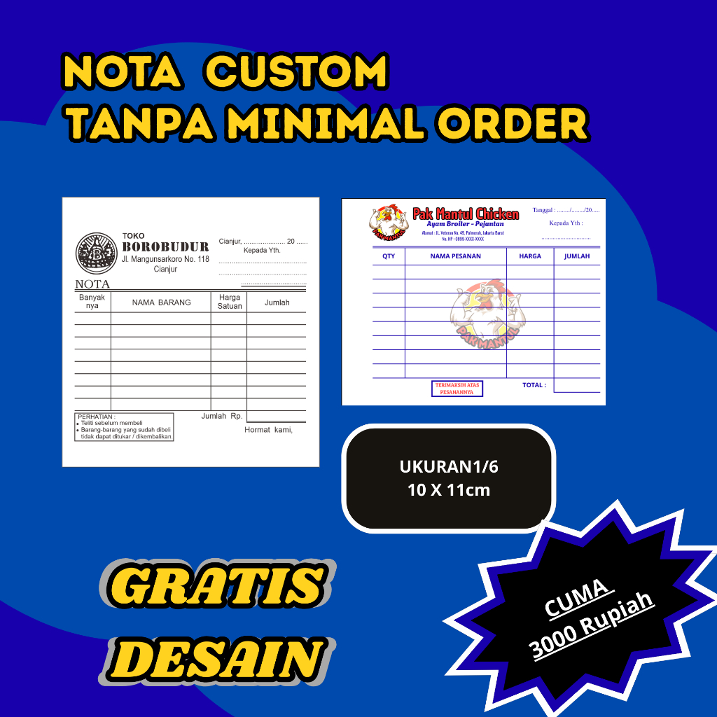 Jual Nota Custom Hemat Kecil Ukuran 10cm x 11cm 1/6 1ply 2 ply | Nota ...