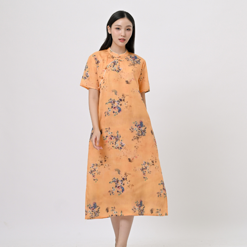 Jual Dragon Yellow Ramie Cheongsam Dress – Long Dress Wanita All Size ...