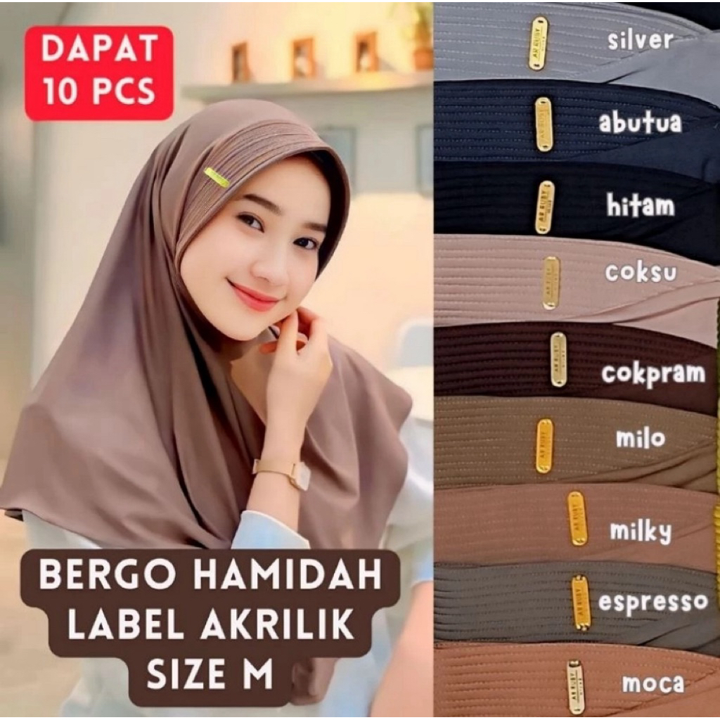 Jual (Jilbab 10PCS 100rb) Hijab Bergo Hamidah Size M Label Akrilik Gold Menutup Dada Bahan ...