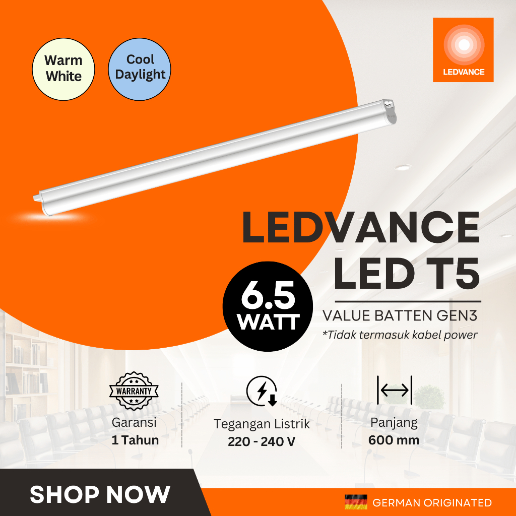 Jual LEDVANCE LED T5 Value Batten GEN3 6.5W Lampu Tube 600mm Warm White ...