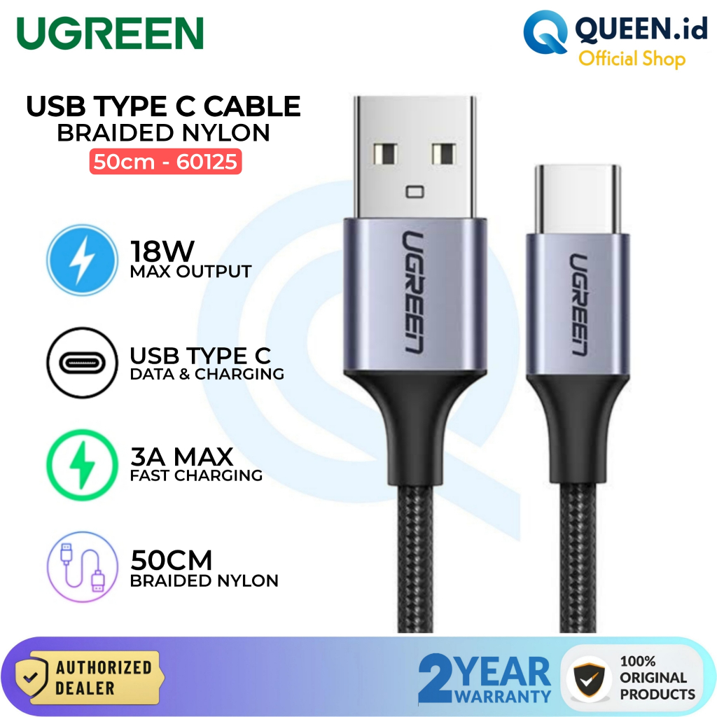 Jual UGREEN Kabel Data Charger USB TYPE C 50cm 3A 18W Fast Charging QC Braided Nylon - 60125 ...