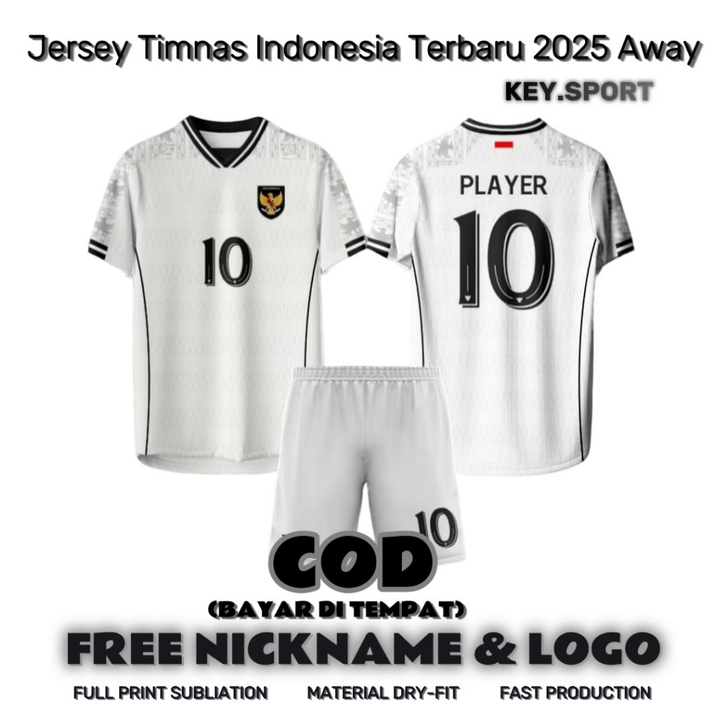 Jual Jersey Timnas Indonesia Terbaru 2025 Away Putih Full Printing Gratis Pasang Nama & No ...
