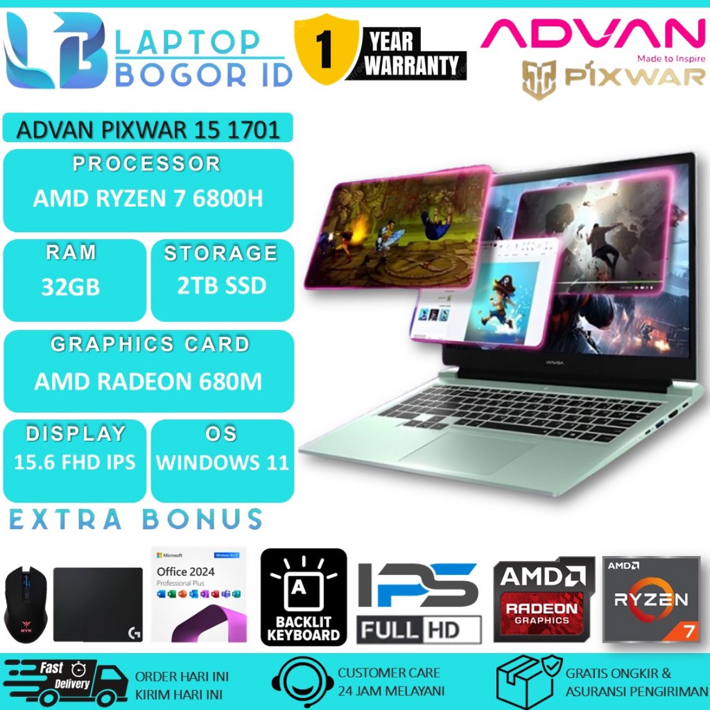 Jual Laptop Gaming Advan Pixwar Amd Ryzen 7 6800H Ram 32GB DDR5 2TB SSD ...