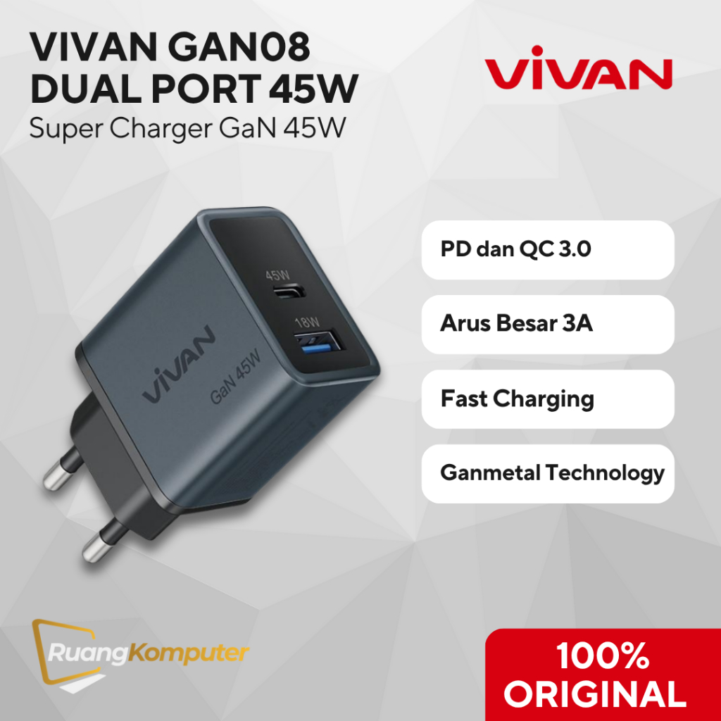 Jual KEPALA CHARGER VIVAN GAN08 DUAL PORT 45W | Shopee Indonesia