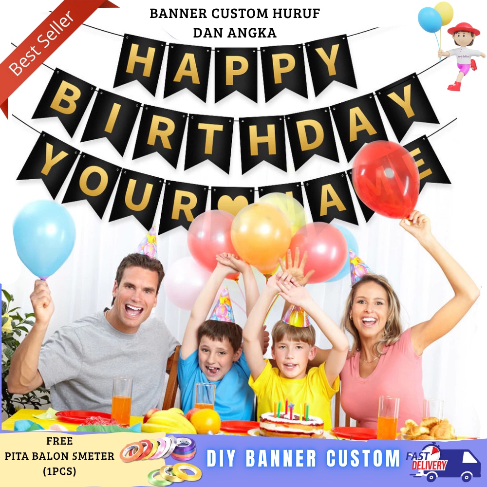 Jual Banner Huruf Segilima Hitam Putih Gold DIY Custom Tulisan Bebas A ...