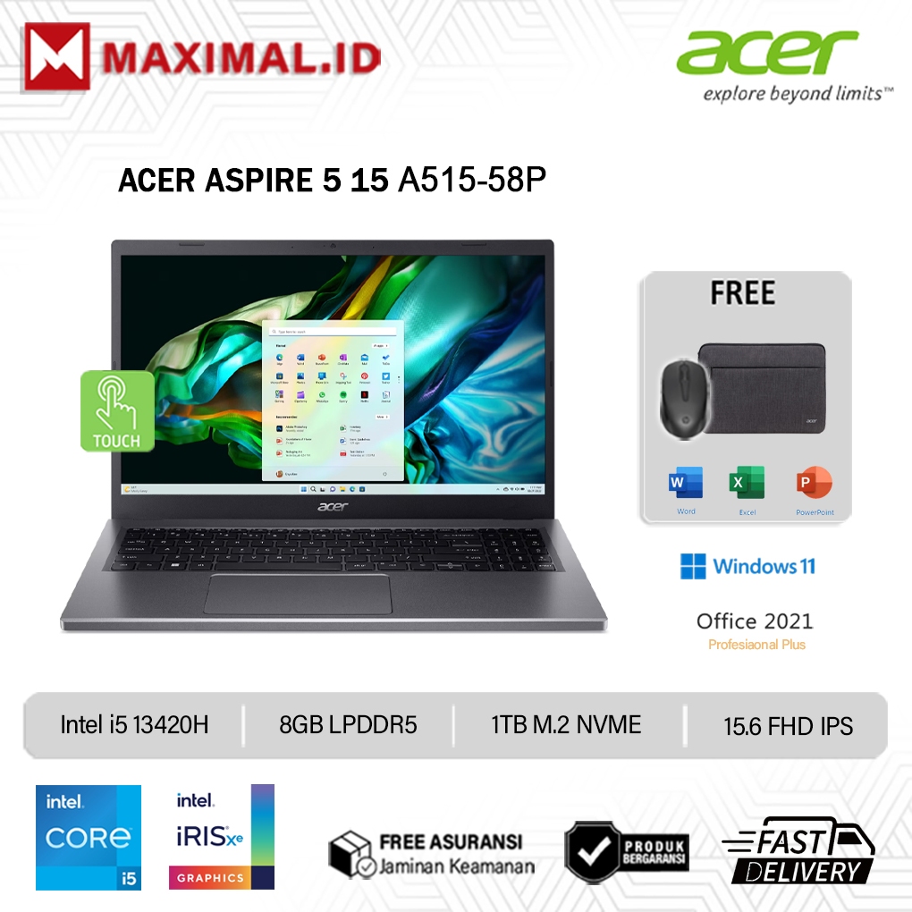 Jual Laptop ACER ASPIRE 5 15 A515-58P Intel i5 13420H Ram 8GB 1TB SSD 15.6 FHD IPS Touchscreen ...