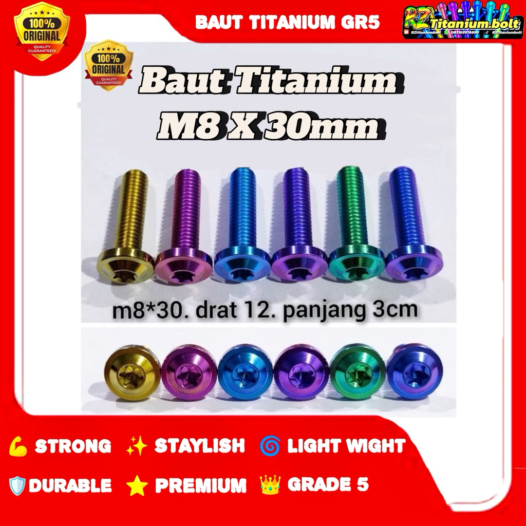 Jual Baut Titanium M8 x 30mm Big Head Drat 12 panjang 3cm Head big ...