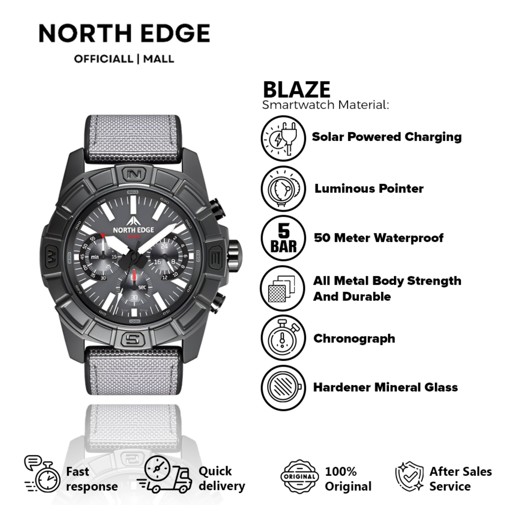 Jual NORTH EDGE BLAZE Solar Power Original Men's Watch 50M Waterproof ...