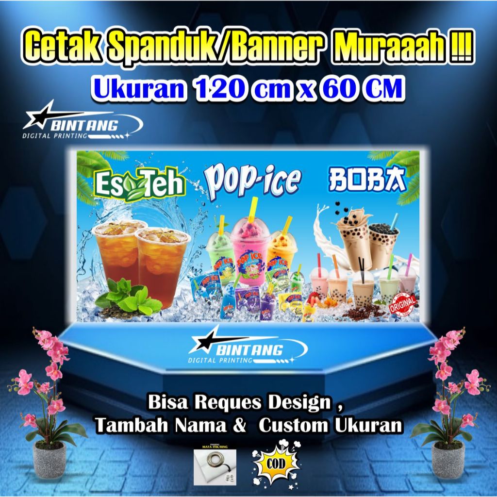Jual Spanduk Banner Es Teh / Pop Ice & Boba Ukuran 120 cm x 60 cm ...