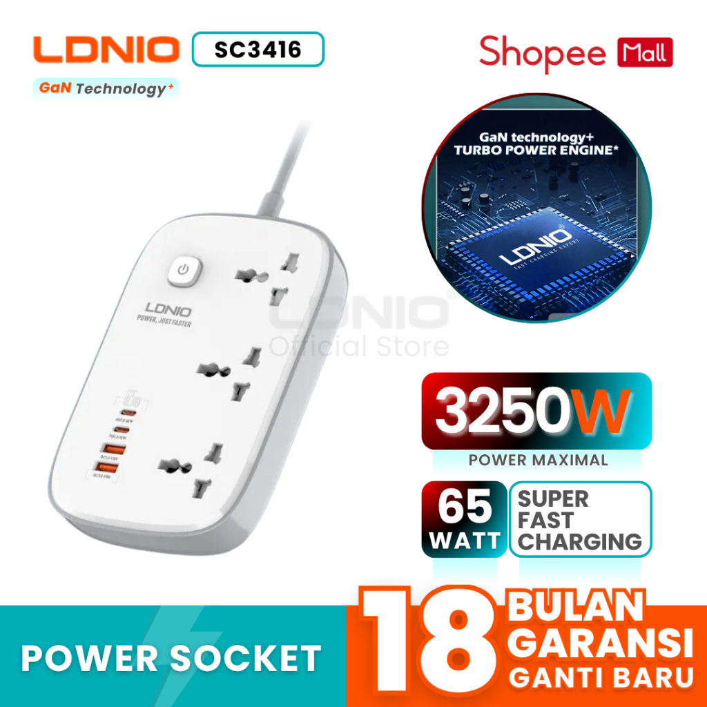 Jual LDNIO Power Strip 3 Socket SC3416 3250W 4 USB 65W GaN Charger ...