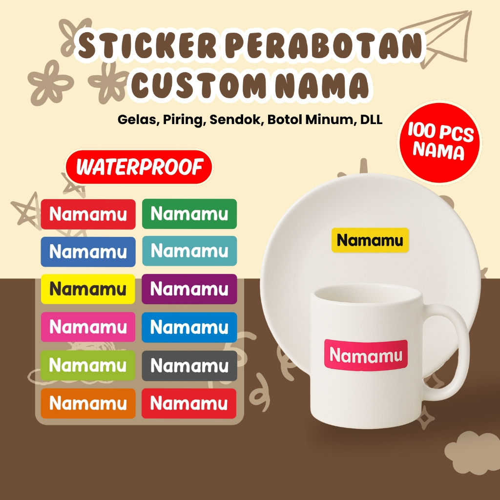 Jual 100Pcs Sticker Custom Nama Piring Sendok Botol Barang Perabotan ...
