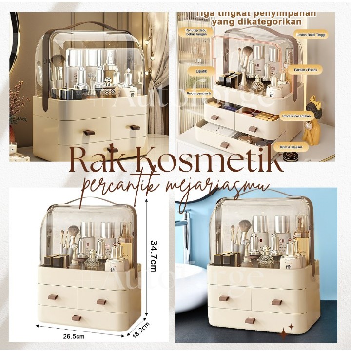Jual Rak Kosmetik 3 tingkat Estetik - Rak Make Up Anti-Debu | Tampilan ...