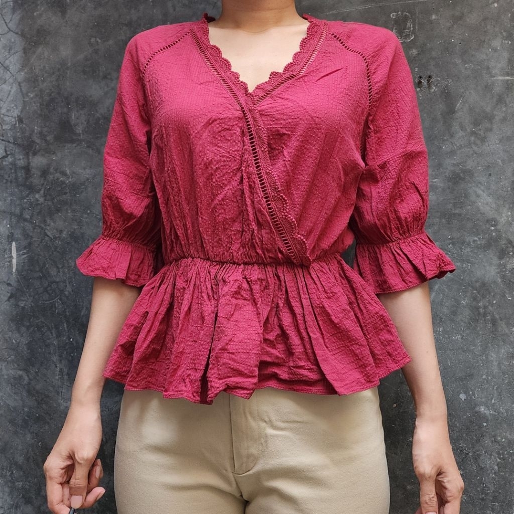 Jual Preloved RD17 Chinstudio blouse blus atasan wanita merah maroon ...