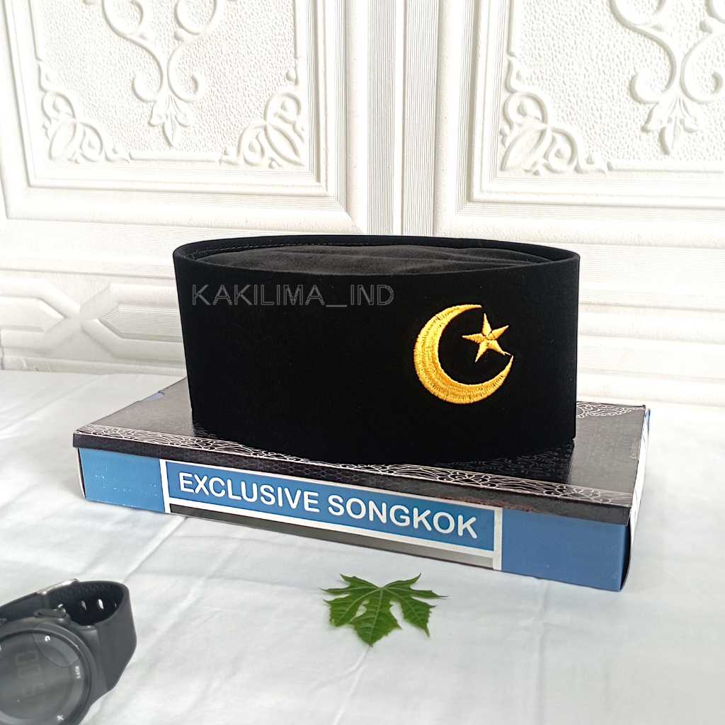 Jual peci Songkok Hitam Polos Logo BULAN BINTANG Bordir Tinggi 9CM ...