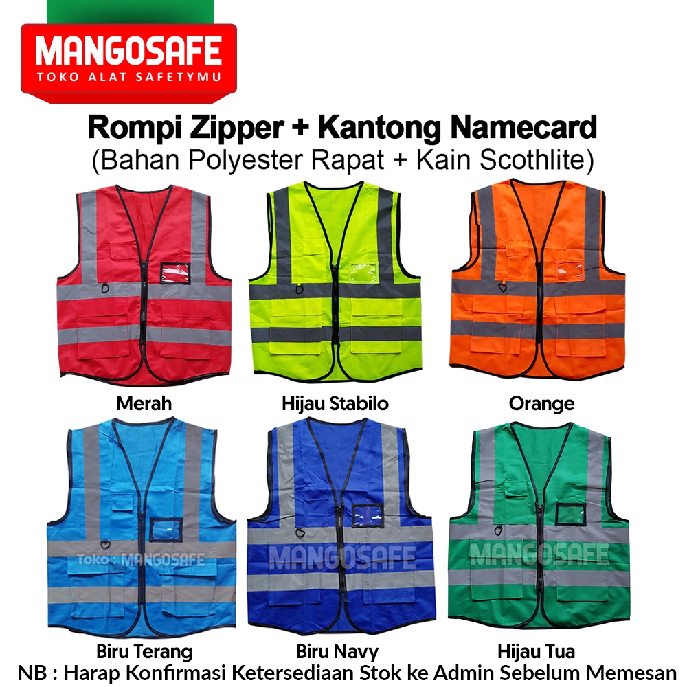 Jual Rompi Proyek Polyester Zipper Hijau Merah Orange Biru Stabilo Dual ...