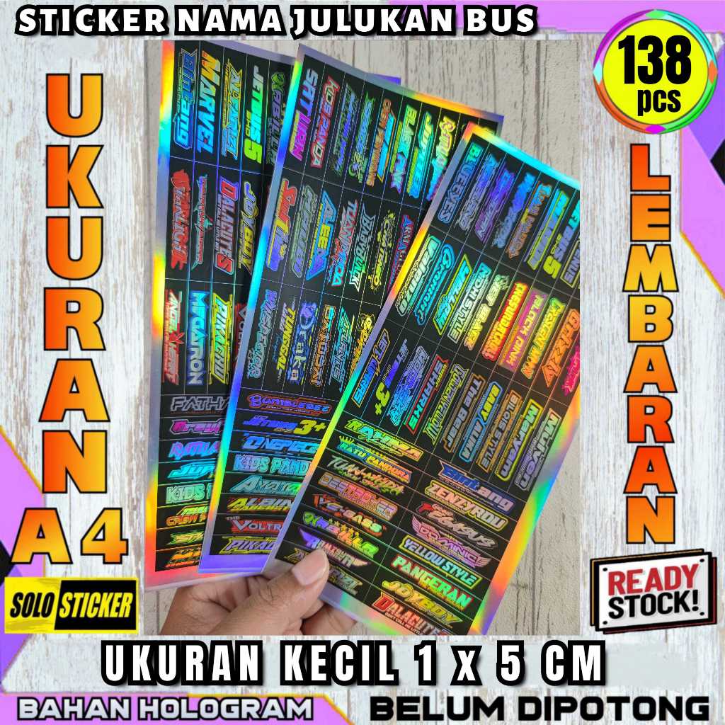 Jual 138 pcs Sticker Nama Julukan Bus Hologram Lembaran A4 Anti Air ...