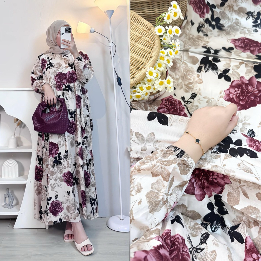 Jual Aurora dress midi motif bunga cantik busui frendly | Shopee Indonesia