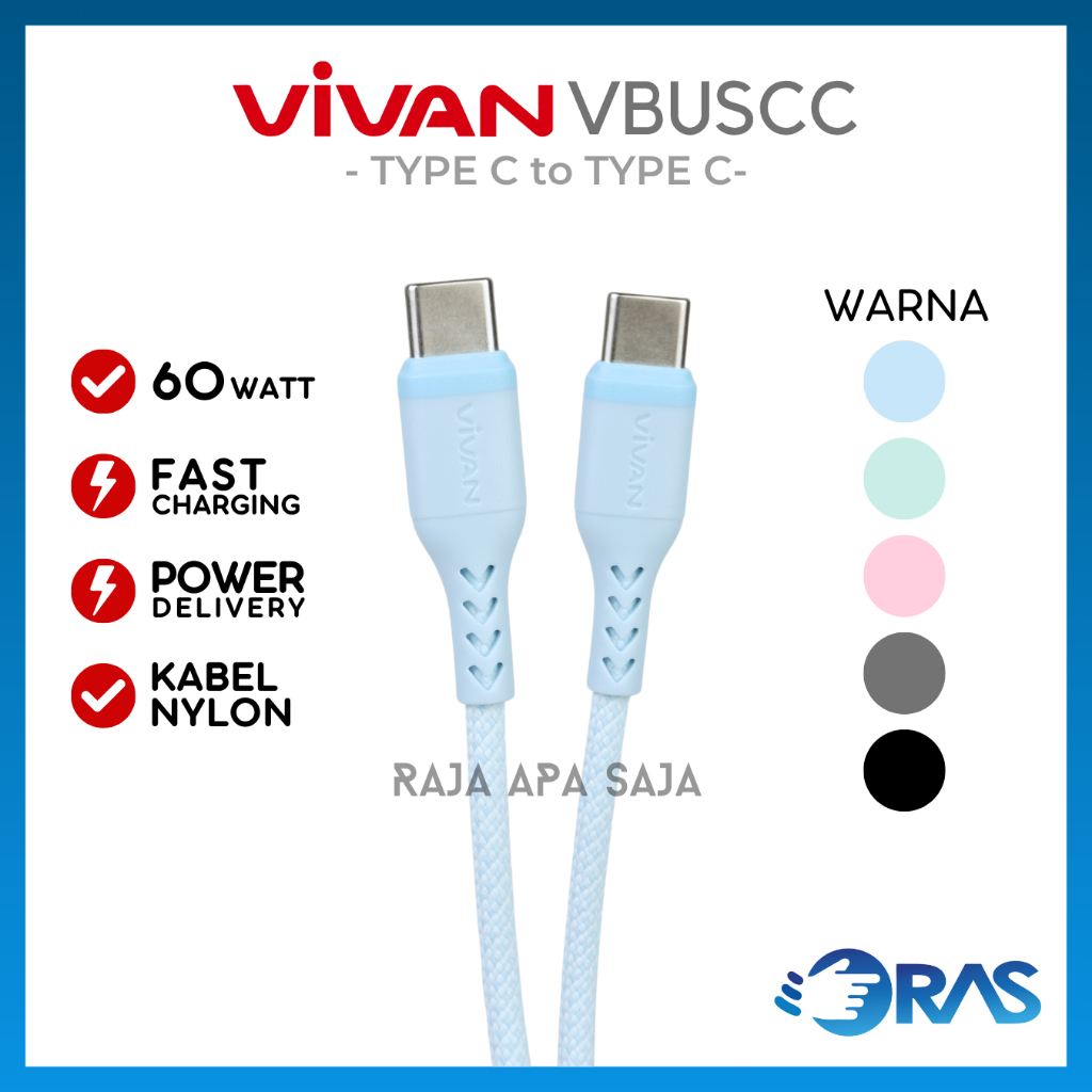 Jual Kabel Data Charger Vivan USB Tipe C to Type C 60 Watt 3A Power ...