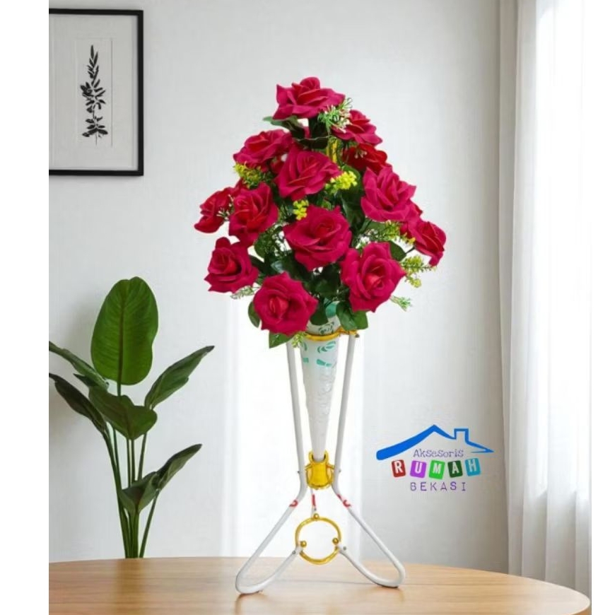 Jual Rangkaian bunga mawar beludru mekar 18 kuntum dengan pot standing ...