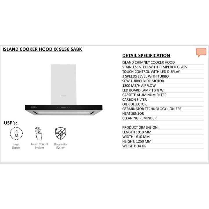 Jual MODENA IX9156SABK island chimney hood 90 cm IX 9156 SABK | Shopee ...