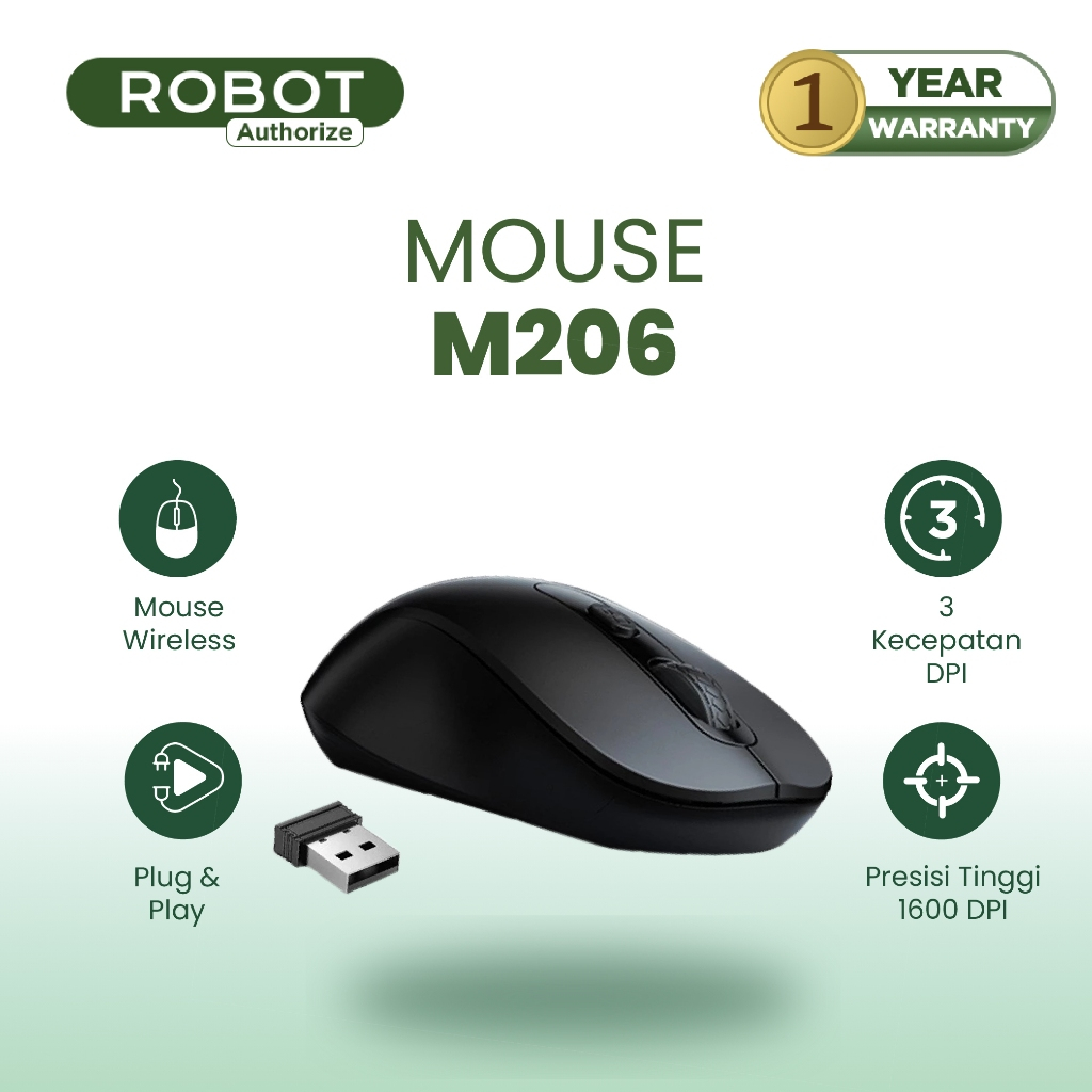 Jual ROBOT M206 Mouse Wireless 2.4GHz Optical 1600DPI Cocok Untuk PC ...
