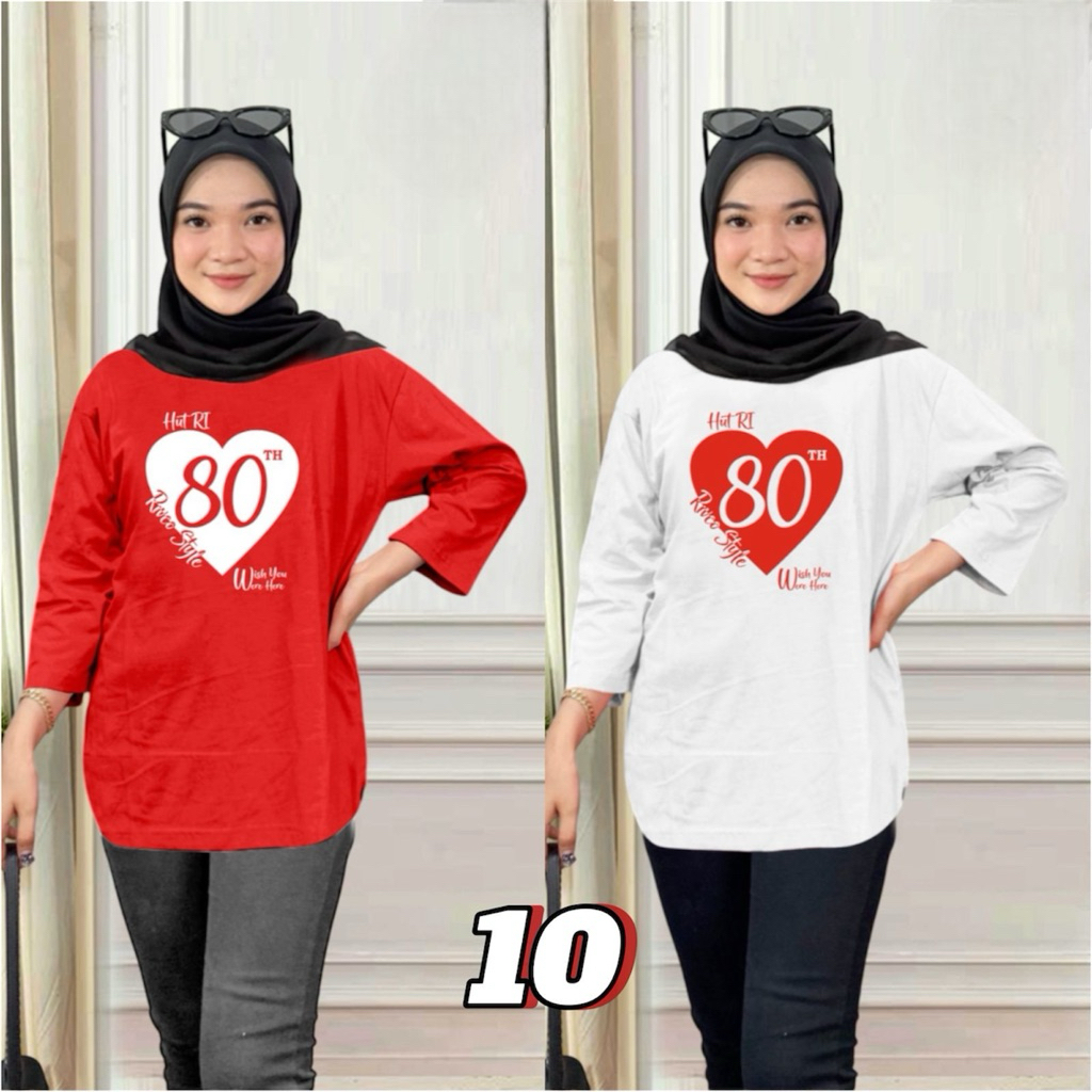 Jual Atasan Kaos wanita lengan 7/8 Bahan Katun Combed24s Merah Putih ...