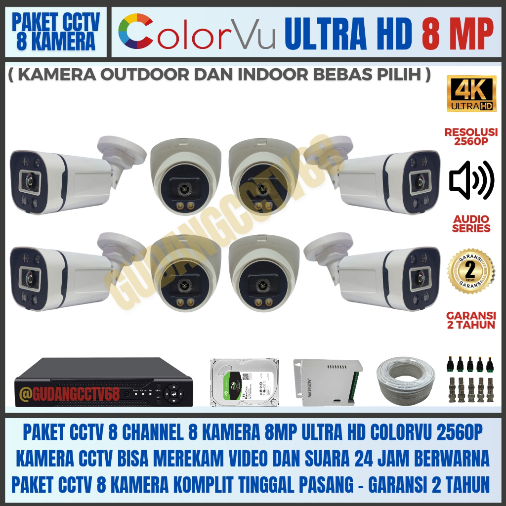 Jual PAKET CCTV 8 CHANNEL 8 CAMERA 8MP COLORVU ULTRA HD 4K 2560P AUDIO ...