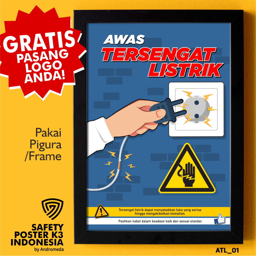 Jual Safety Poster K3: Awas Tersengat Listrik Menggunakan Pigura ...