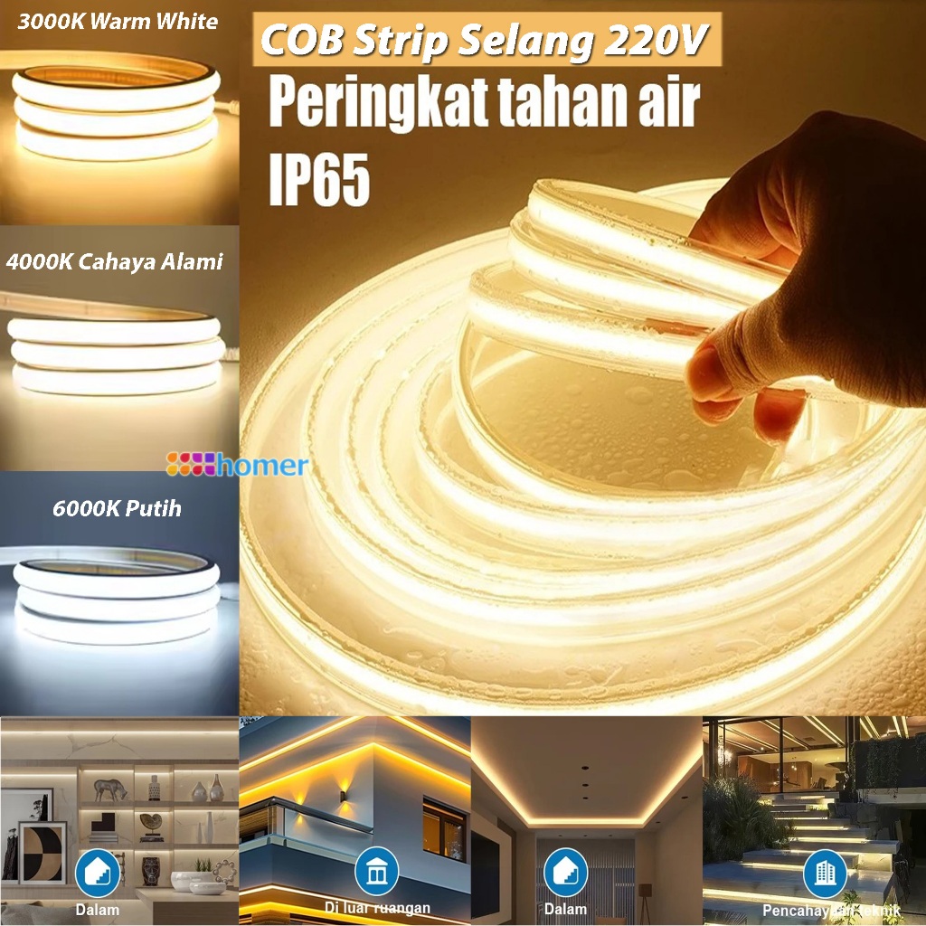 Jual Lampu LED Strip NEON Selang COB 220V IP65 langsung colok Per Meter Adaptor Socket 4A 8A ...
