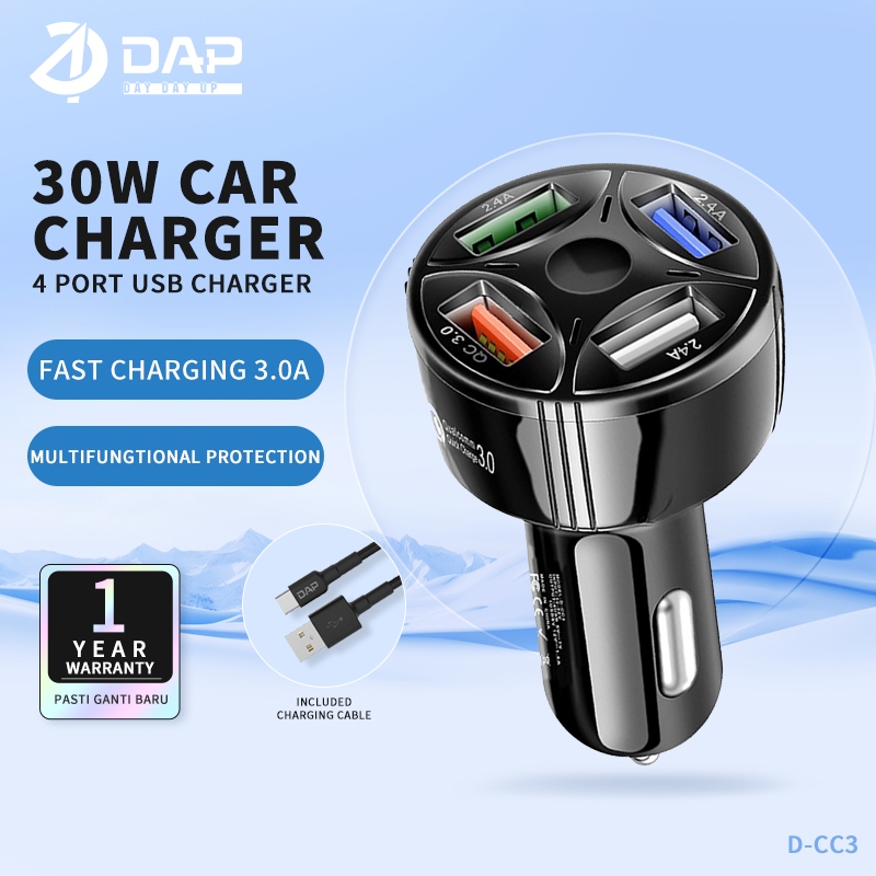 Jual DAP D-CC3 Car Charger PD 30 watt QC 3.0A 4 Port USB Include Cable ...