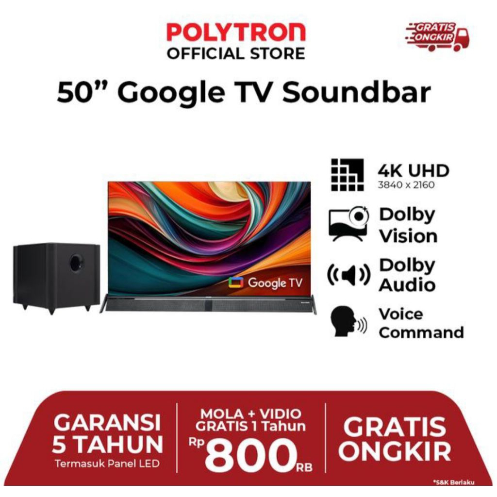 Jual TV POLYTRON 50INCH ANDROID GOOGLE TV 4K SOUNDBAR UHD SMART CINEMAX ...