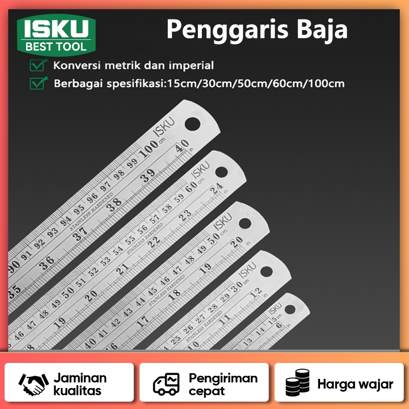 Jual ISKU Penggaris Besi 15/30/50/60/100cm Stainless Steel Ruler penggaris multifungsi Mistar ...