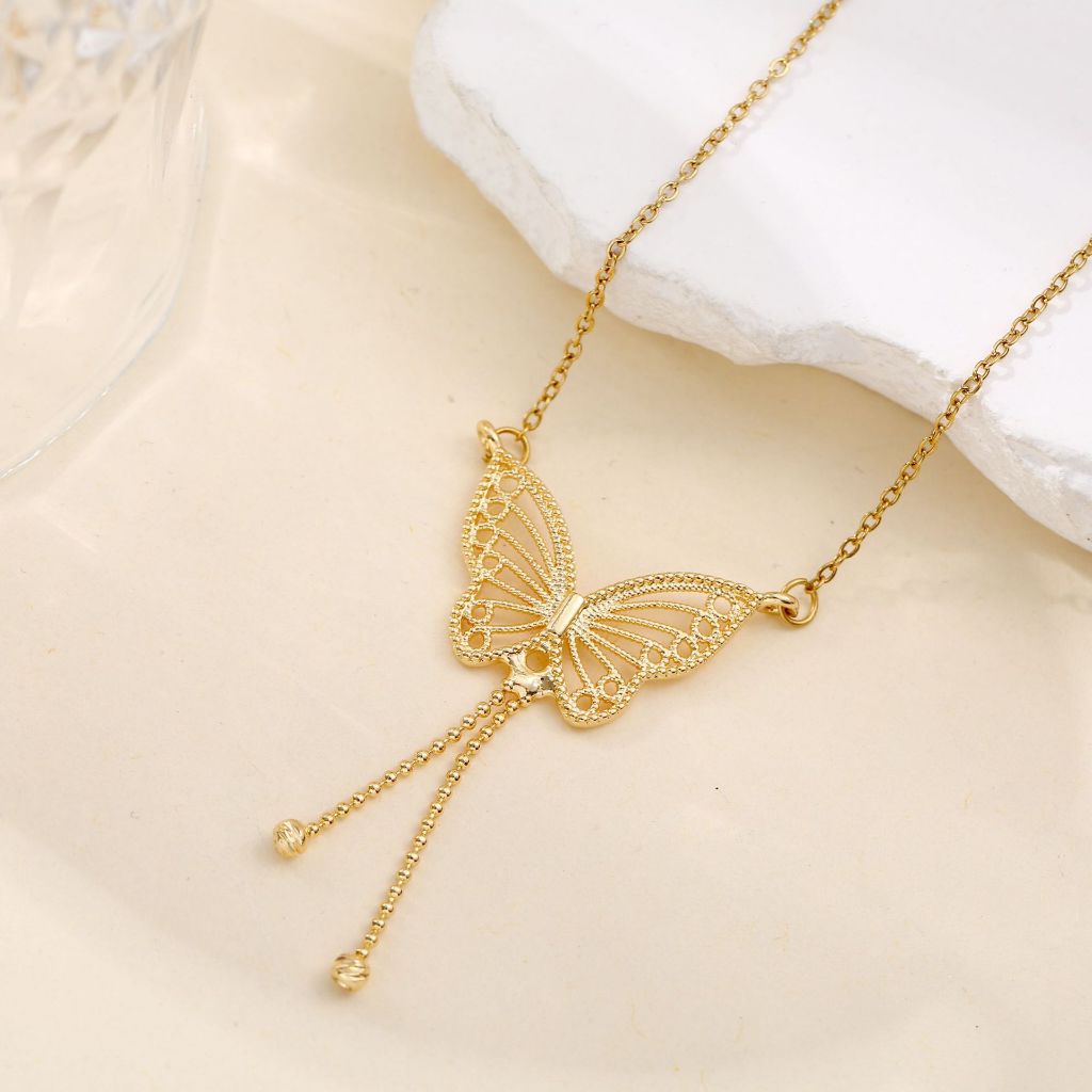 Jual Kalung titanium stainless steel wanita, kalung rumbai kupu-kupu ...